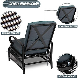 Crownland Outdoor Patio Furniture Adjustable Reclining Lounge Chair Set, Patio Black Metal Recliner with Peacock Blue Removable Cushion (2 Pieces)