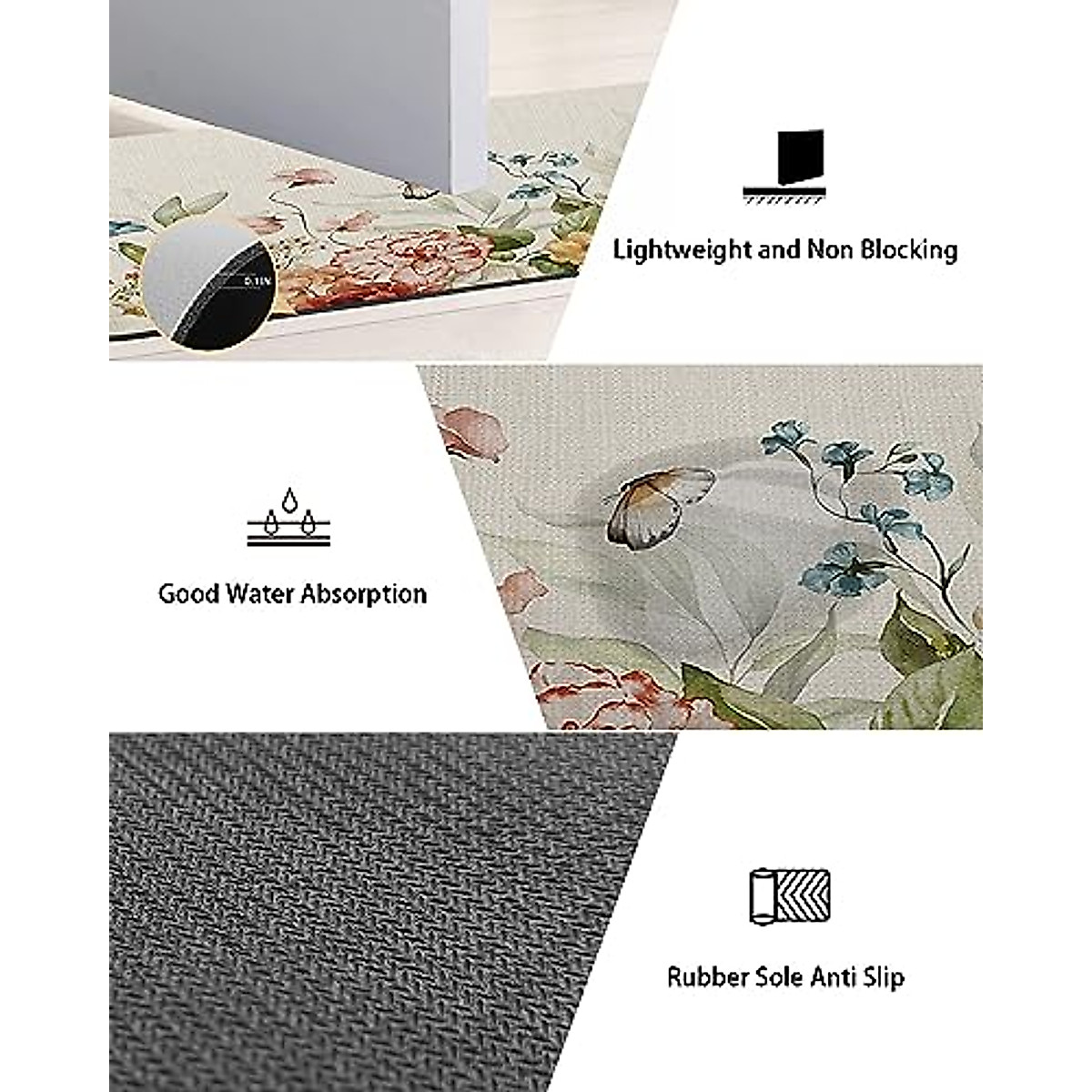 Retro Flowers Bath Mat for Tub,Non Slip Bathroom Floor Runner Rug Quick Dry & Absorbent Diatomaceous Earth Kitchen Shower Sink Washable Doormat,Rustic Fall Winter Rose Florals Spring Plant 20"x32"