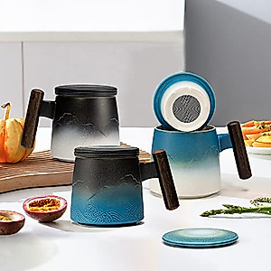 suyika Ceramic Tea Cup with Infuser and Lid Tea Mugs Wooden Handle for Steeping Loose Leaf Tea 400ml, 13.5 oz, Gradient Navy Blue & Black