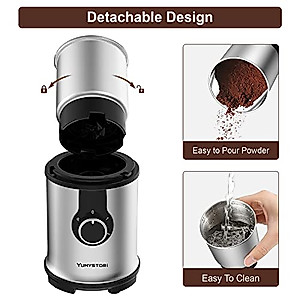 Coffee Grinder Electric, Spice Grinder with with 2 Detachable Stainless Steel Bowls, with Anti-splash Cover & Brush, 3.88oz/110g Capacity Coffee Bean Grinder, Dry & Wet for Corn Kernels, Herbs, Nuts