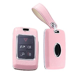 SANRILY PC+Leather Key Fob Cover for Jaguar XF 2021 and for Land Range Rover Discovery Rover Sport 2018 2019 Keyless Smart Key Case Shell with Keychain Pink