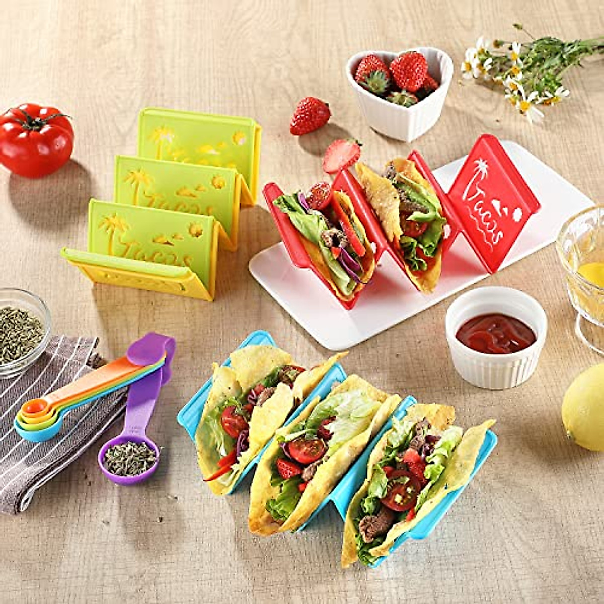 6PCS Taco Holder Stands with Unique Island Pattern, Colorful Premium Large Taco Holders Set of 6, Taco Stands for 3 Tacos, Street Taco Rack, PP Material, Dishwasher & Microwave Safe, Taco Tuesday