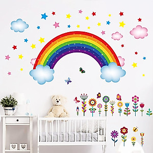 Joyduo 3 Sheets Rainbow Wall Decal Rainbow Wall Sticker, Large Removable Rainbow Butterflies Clouds Star Flower Wall Decals for Nursery Kids Girls Bedroom Decor