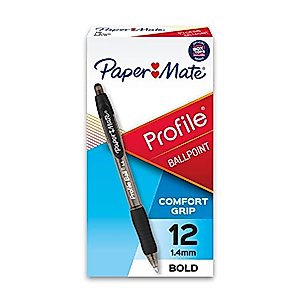 Paper Mate Profile Retractable Ballpoint Pens, Bold Point (1.4mm), Black, 12 Count