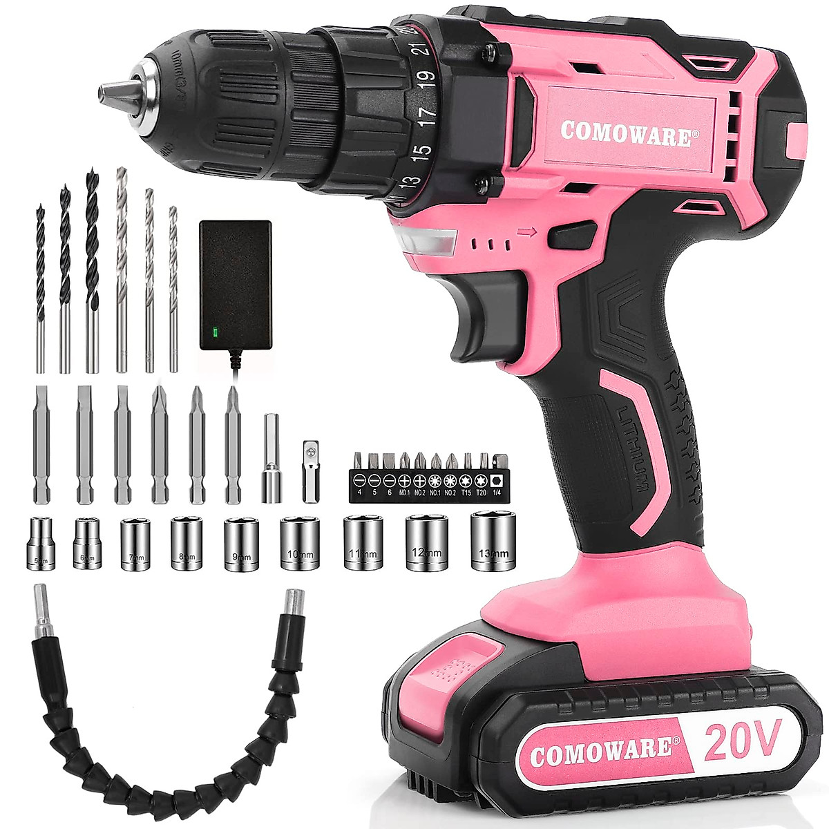 COMOWARE Pink Power Drill, 20V Pink Cordless Drill, Pink Drill Set for Women, 1 Battery & Charger, 3/8" Keyless Chuck, 2 Variable Speed, 0-350 & 0-1300 RPM, 25+1 Position and 34pcs Drill/Driver Bits