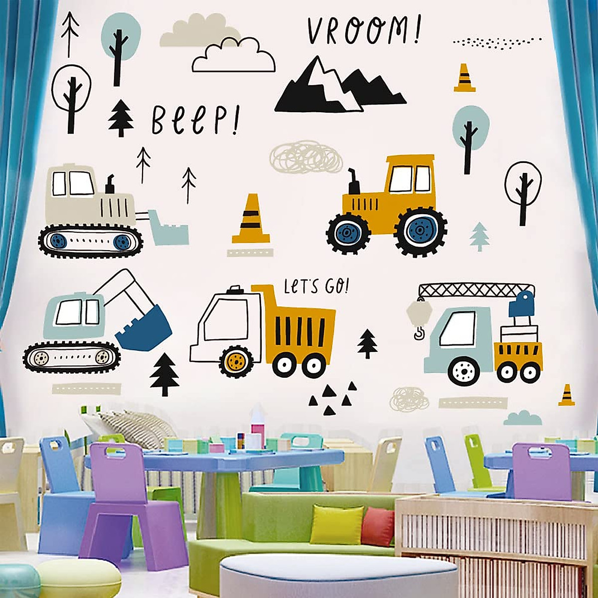 Mulaibdin 37 pcs Cartoon Bulldozer Digger Wall Stickers, Adorable Baby Boys Room Decor, Hand-Painted Style Crane Truck Wall Decals for Bedroom Nursery, Construction Wall Murals Peel and Stick (37PCS)