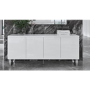 Zuri Furniture Modern Neve Sideboard in White High Gloss Lacquer with Polished Stainless Steel Legs