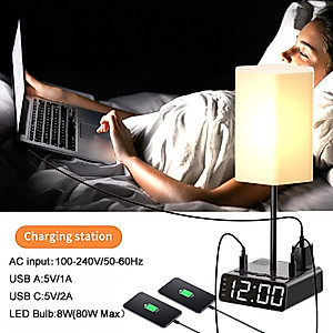 Table Lamp with Alarm Clock, Charging Station, USB C & A, AC Outlet Ports, Speakers, Radio FM - Power Outlet with Touch Control 3-Way Dimmable Nightstand Lamp for Kids Study Room, Bedroom