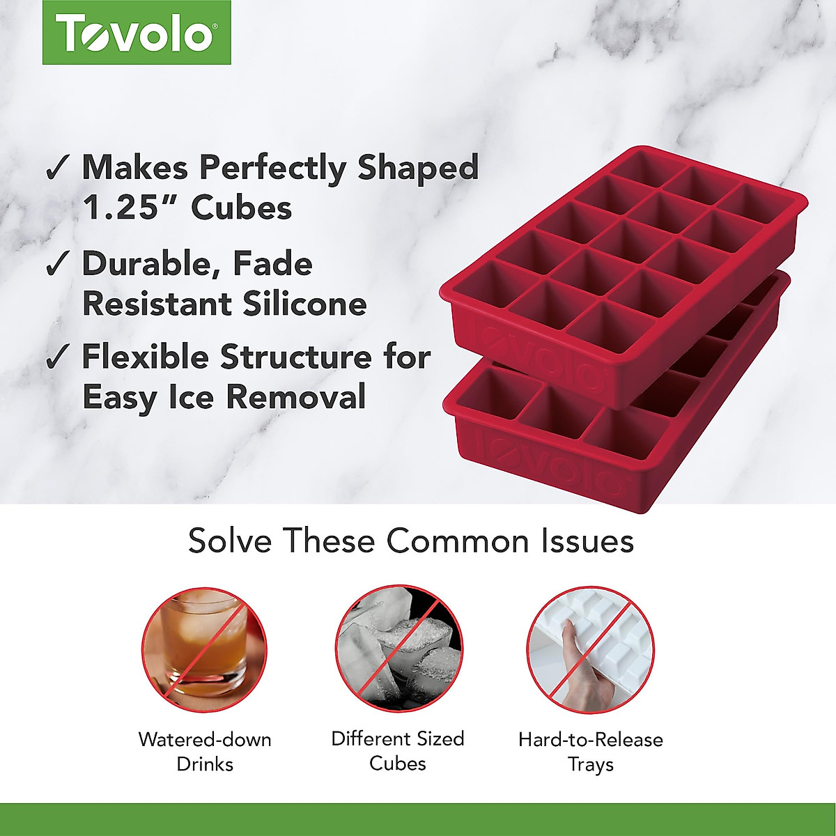 Tovolo Perfect Ice Mold Freezer Tray of 1.25" Cubes for Whiskey Bourbon, Spirits & Liquor, BPA-Free Silicone, Fade Resistant, Set of 2, Cayenne
