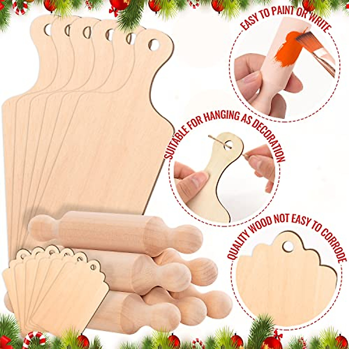 20Pcs Wooden Mini Rolling Pin for Crafts, Kids Small Dough Rolling Pin, Wood Cutting Board Chopping Board with Handle, Blank Wooden Labels with Rope for Halloween Christmas DIY Kitchen Home Decor