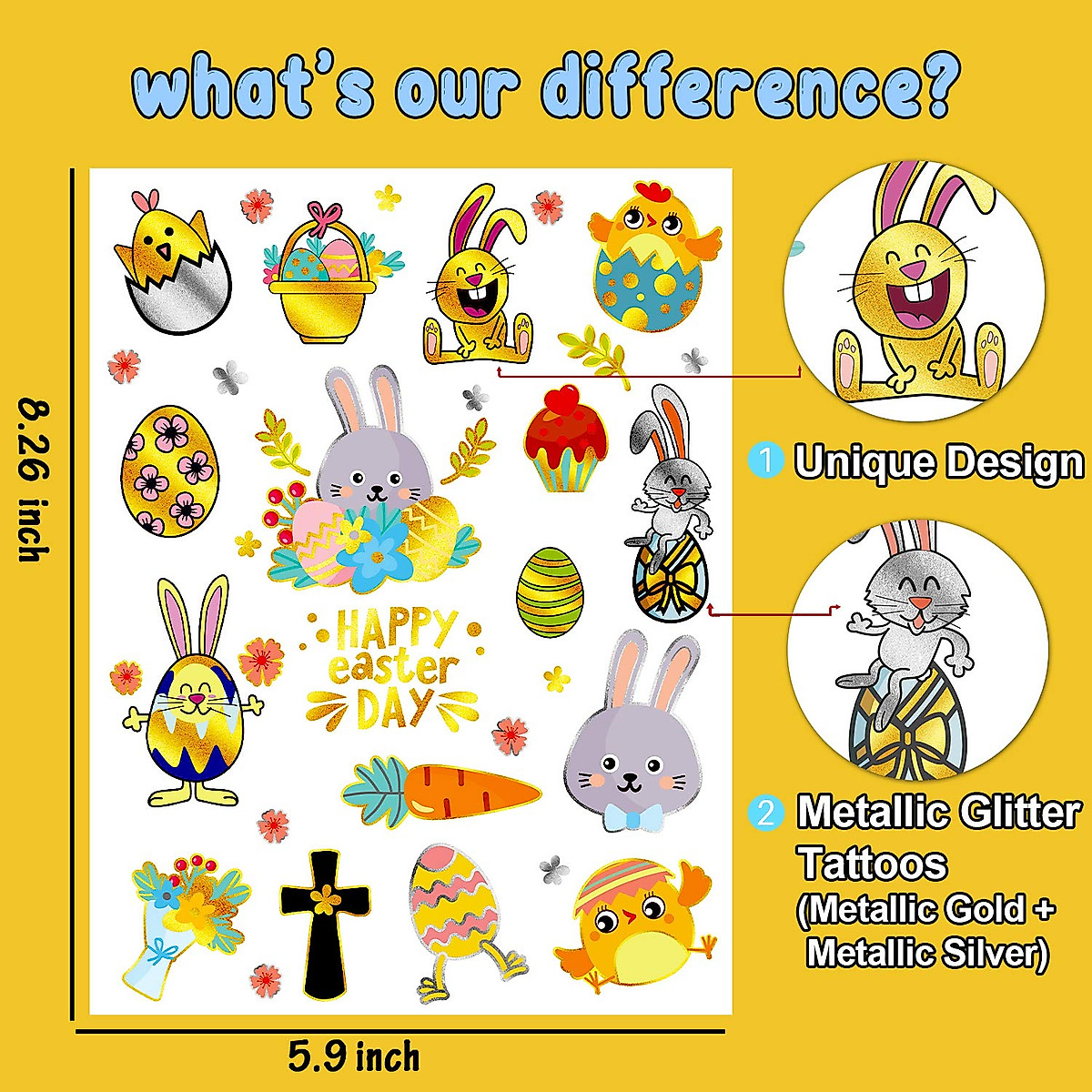 34 Metallic Glitter Styles Easter Temporary Tattoos for Kids, Easter Eggs Decorations Party Supplies Favors, Easter Tattoos Stickers for Boys and Girls (2 Sheets)