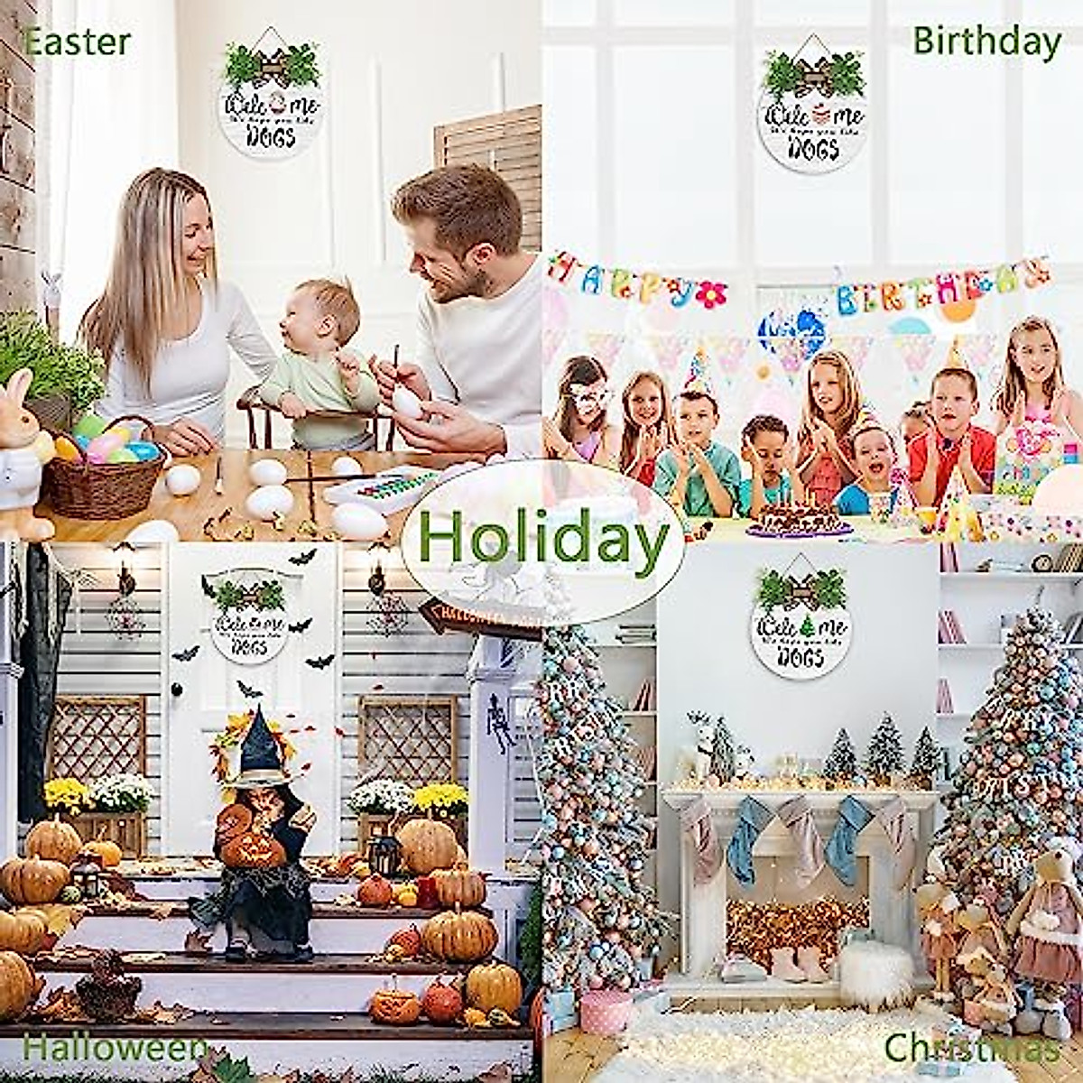 Interchangeable Wooden Seasonal Welcome Sign, Rustic Round Dogs Sign Front Door Wreaths for Home/Wall/Porch/Farmhouse Decor, for Easter Spring Summer Fall Halloween Christmas All Season Decorations