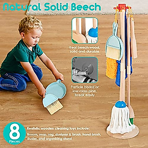 HELLOWOOD Kids Cleaning Set, 8pcs Housekeeping Play Set Includes Broom Mop Duster Dustpan Brushes Rag and Organizing Stand, Cleaning Toys Gift for Toddlers Girls Boys Age 3-6, Solid Beech Wood