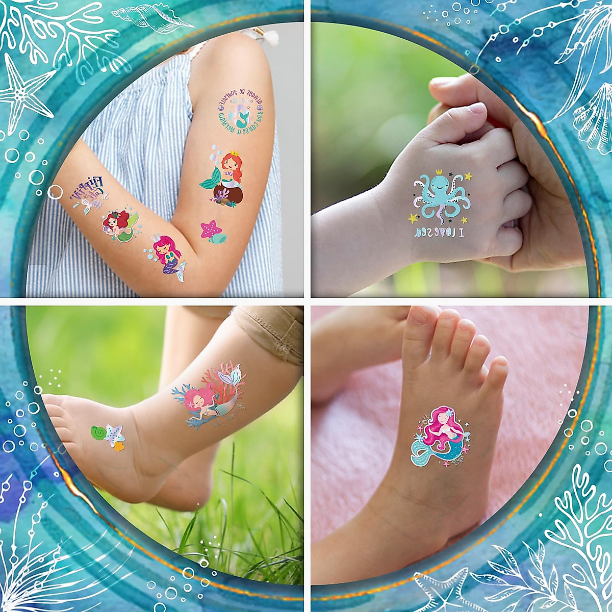Mermaid Glitter Temporary Tattoos for Kids, 4 Sheets Bronzing Fake Tattoos for Girls, Cute Under Sea Animal Body Arm Shoulder Tattoos Stickers Waterproof Tattoos, Party Favors Supplies Decor Gifts
