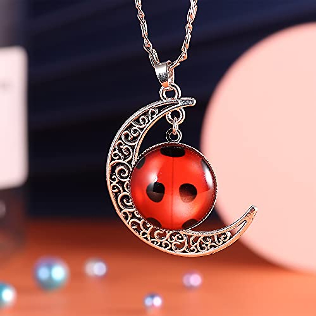 HAIAISO Good Luck Ladybug Jewelry Red Ladybug Bracelet Moon Necklace Ring Stud Set Halloween Cosplay Jewelry Ladybug Lover Gift for Women Girls(Ladybug)