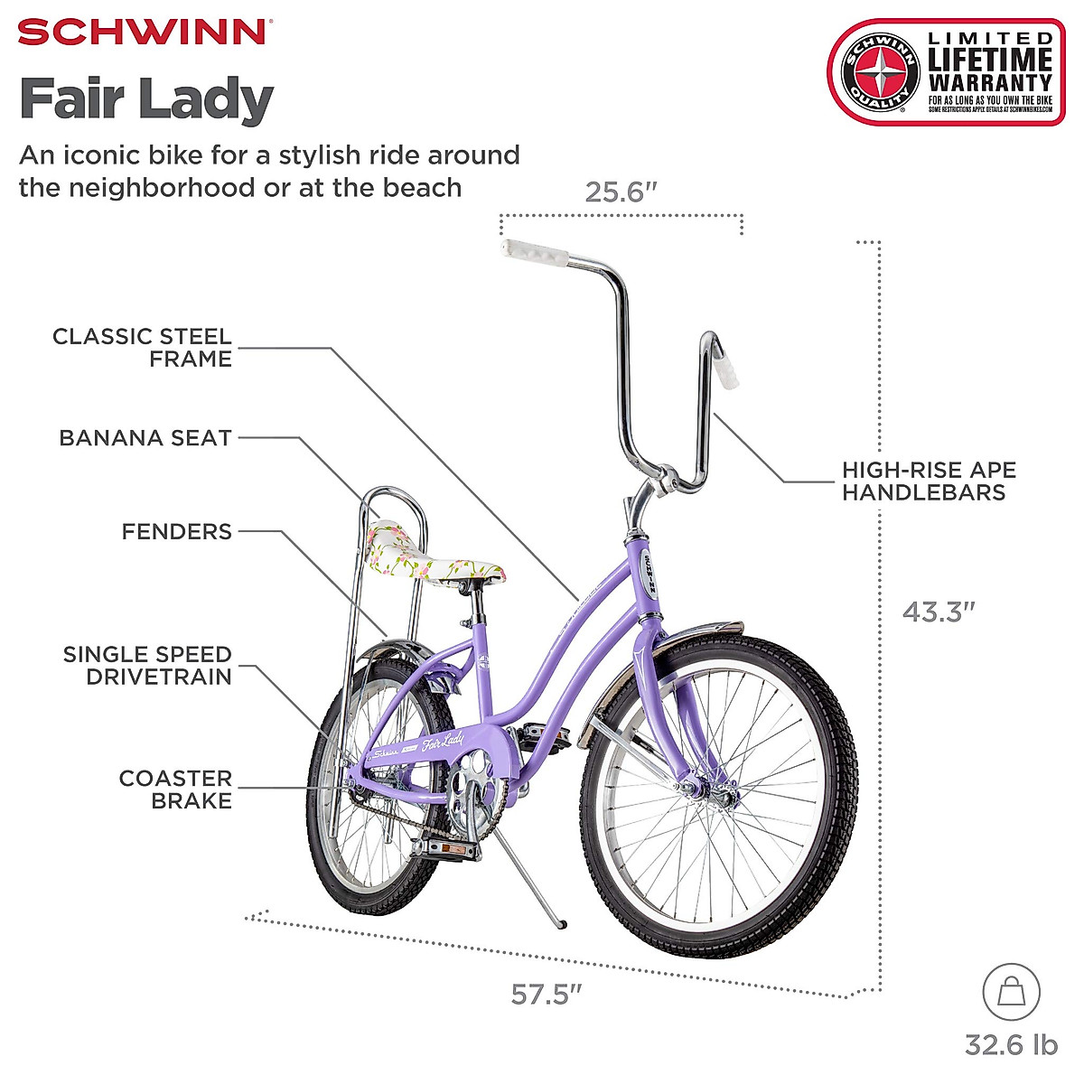 Schwinn Fair Lady Cruiser Bike, 20-Inch Wheels, Purple
