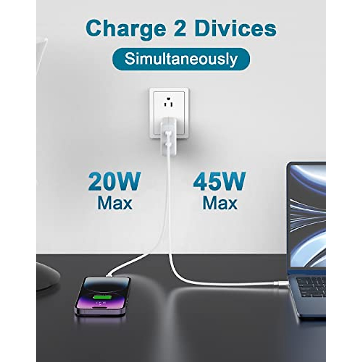 67W Dual USB-C Charger for MacBook Air, Mac Pro 13" (2023-2018), iPad Pro/Air/Mini, Type C Power Supply, LED, Foldable Plug, 6.6ft USB-C Charging Cable