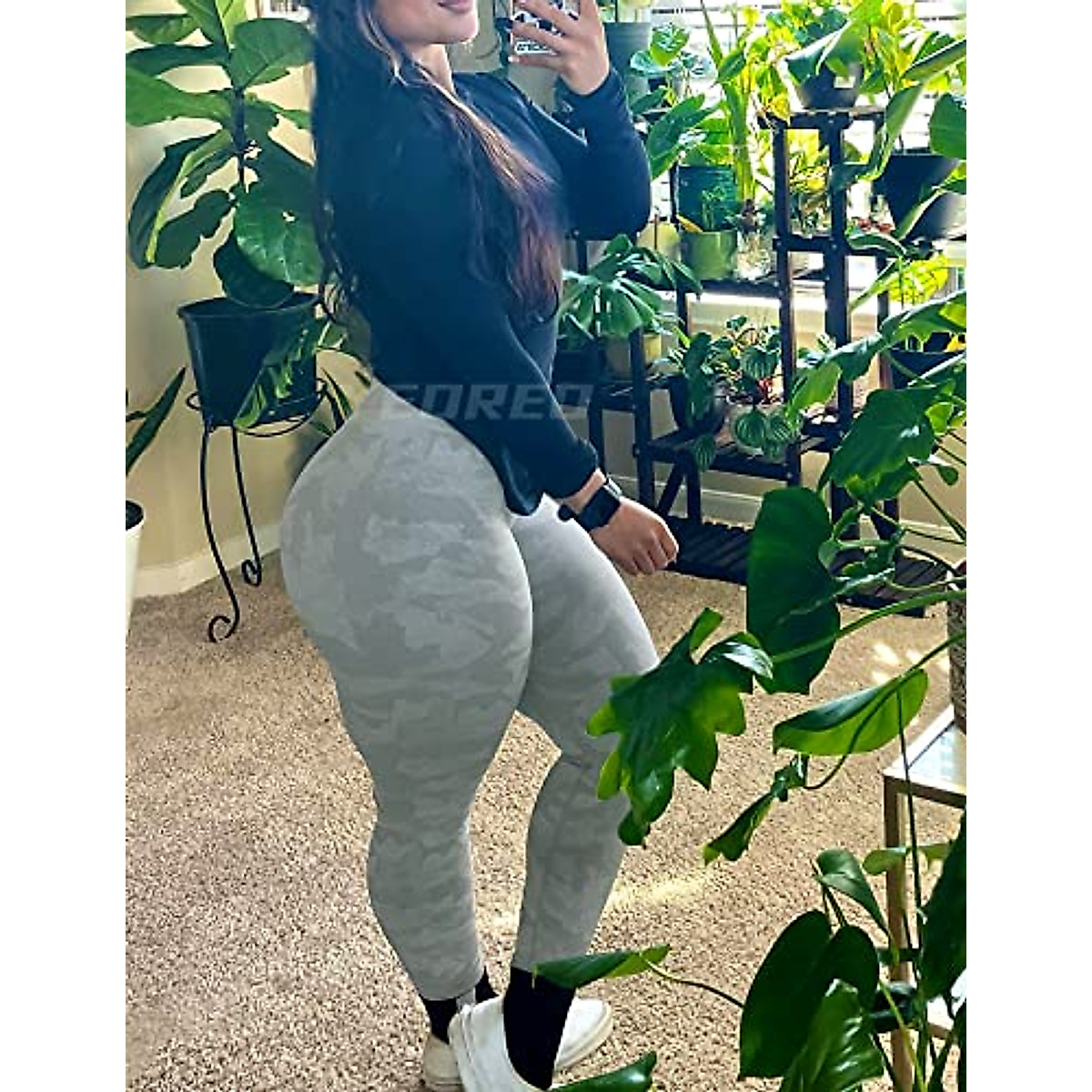 YEOREO Women's Seamless Camo Workout Leggings High Waisted Tummy Control Yoga Pants Gym Compression Tights Grey L