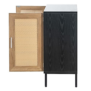 Wekity Rattan Cabinet with Storage, Sideboard Storage Cabinet with 2 Rattan Decorated Doors Fixed Shelf Large Space Wood Cabinet for Living Room Entryway Hallway Dining Room (Black)