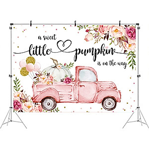 Ticuenicoa 7x5ft A Little Sweet Pumpkin is On The Way Photography Backdrop for Baby Shower Pink Floral Truck It's a Girl Backdrops Fall Autumn Halloween Babyshower Party Decor Gender Reveal Banner