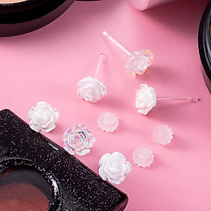 HINZIC 6 Pairs 6mm 8mm Plastic Clear Earrings 3D Rose Earrings Stud Post Hypoallergenic for Sensitive Ears Women Teen Girls Valentines Wedding Prom Mothers Day Gift