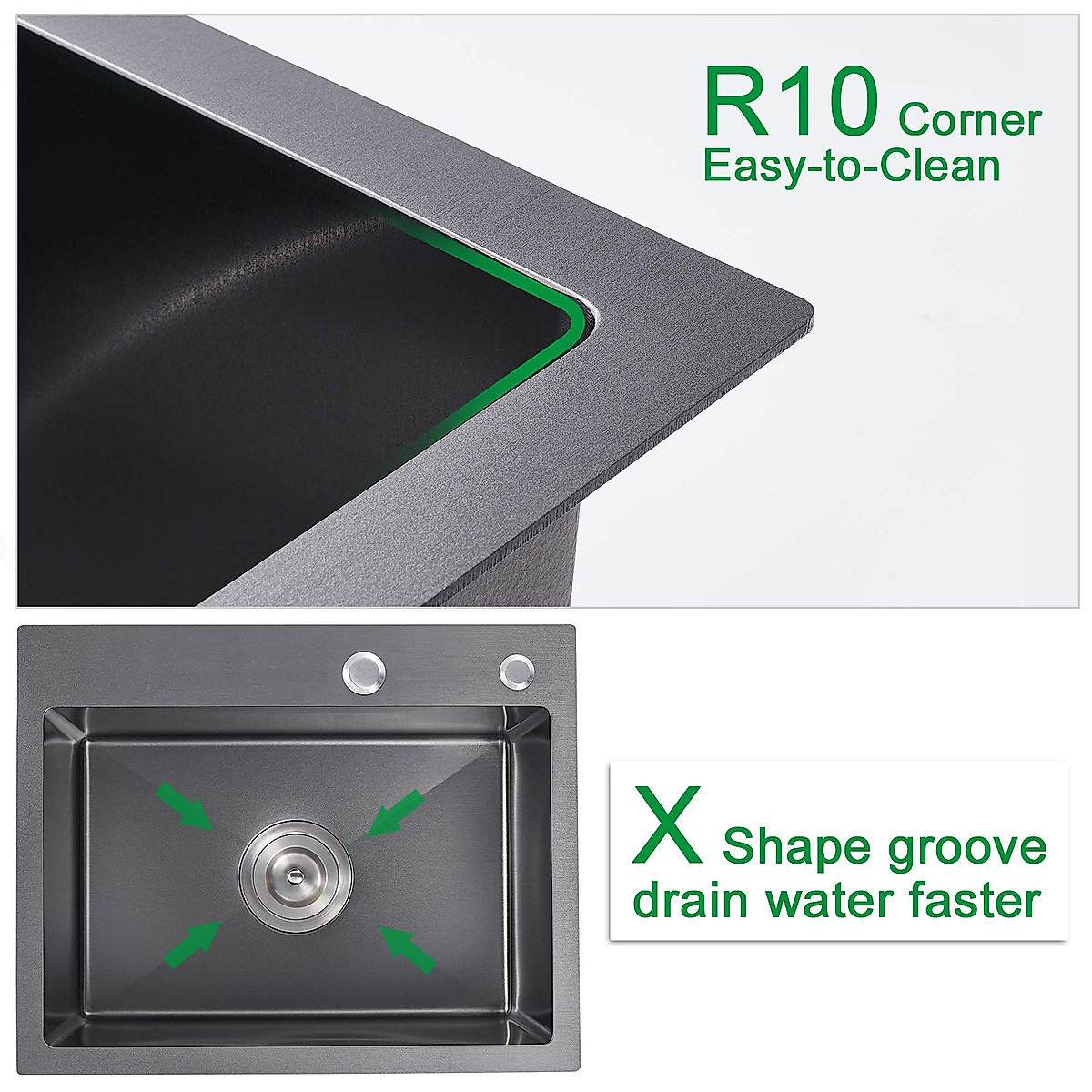 OUGOO 25 x 18inch Drop-in Tight Radius Black Stainless Steel Topmount Kitchen Sink Single Bowl