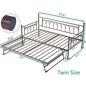 kuurfuurdo Twin Daybed with Trundle Bed, Day Bed with Trundle Bed Twin Pop Up, Metal Daybed Frame, Steel Slat Support Twin Trundle Bed Frame for Kids Teens Adults, No Box Spring Needed