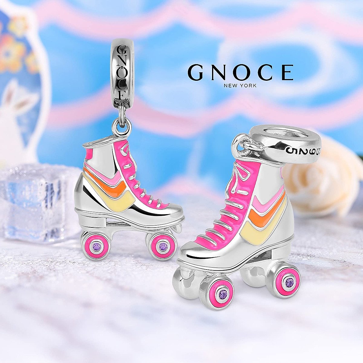 GNOCE Roller Skates Pendant Charms for Bracelet/Necklace 925 Sterling Silver Pink Dangle Charms for Women Jewelry Gift