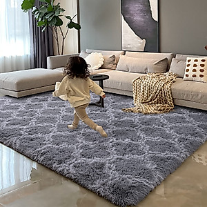 HOMORE 8x10 Large Area Rug for Living Room, Grey and White Bedroom Rug, Modern Big Fluffy Rugs Soft Furry Shaggy Faux Fur Rug for Farmhouse Decor, Aesthetic Rugs for Kids Home Indoor Floor