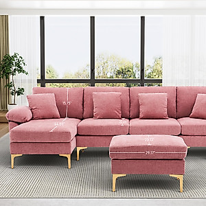 OUYESSIR U-Shaped Sectional Sofa for Living Room, 4 Seat Sofa Set Convertible L-Shaped Couch Set with Chaise Lounge, Ottoman and Pillows,114 inches, Light Pink Chenille