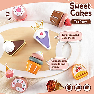 HYAKIDS Wooden Cake Play Food Set Toy, Tea Party Set for Toddler, with Cake Stand, Pretend Play Kitchen Toys for Kids