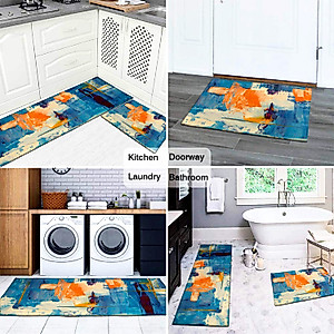 Fuoxowk Turquoise Teal Modern Abstract Kitchen Rug Set,Blue Orange Artistic Painting Decorative Runner Rugs with Rubber Backing,Throw Rugs Washable for Kitchen Sink,Laundry Room,Standing Desk,Boho