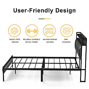 HAUSOURCE Queen Bed Frame with Storage Headboard & Footboard Upholstered Platform Bed with LED Lights USB Ports & Outlets No Box Spring Needed