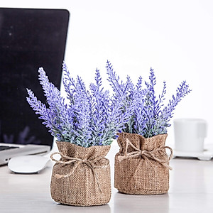 Artificial Mini Potted Flowers Plant Lavender for Home Decor Party Wedding Garden Office Patio Decoration (Linen 2set)