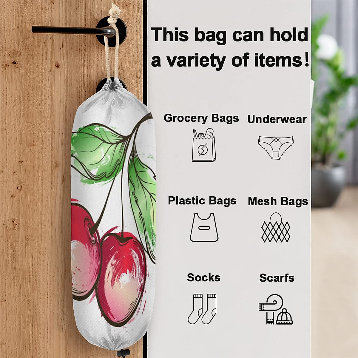 Plastic Bag Holder Fruits Cherry Wall Mount Grocery Bag Holder Washable Plastic Bag Dispenser Garbage Bag Organizer for Home Kitchen Decor, Gifts for Women Mom Family Friends