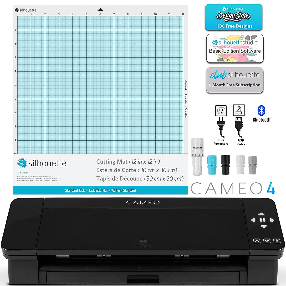 Silhouette Cameo 4 Extras Bundle with Extra AutoBlade, Tool Kit, Cutting mat and PixScan. Silhouette Handbook,10 Extra Designs - Black Edition