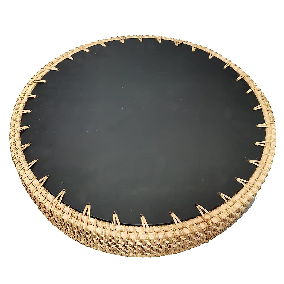 13 Inch Rattan Serving Basket with Shine MOP Black Flat Bottom, Handmade Wicker Coffee Table Serving Tray Décor Circle with 2 Inch Wall, Boho Round Woven Basket Tray for Ottoman, Vanity, Exxacttorch