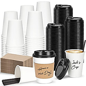 FIFWVGP 100 Pack 12 oz Disposable Coffee Cups with Lids, Sleeves and Stir Straws Paper Coffee Cups with Lids To Go Coffee Paper Cups with Lids Hot Cups with Lids for Tea Coffee Hot Chocolate