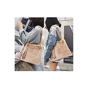 Ulisty Women Winter Faux Fur Shoulder Bag Plush Handbag Fluffy Bucket Bag Tassel Crossbody Bag khaki