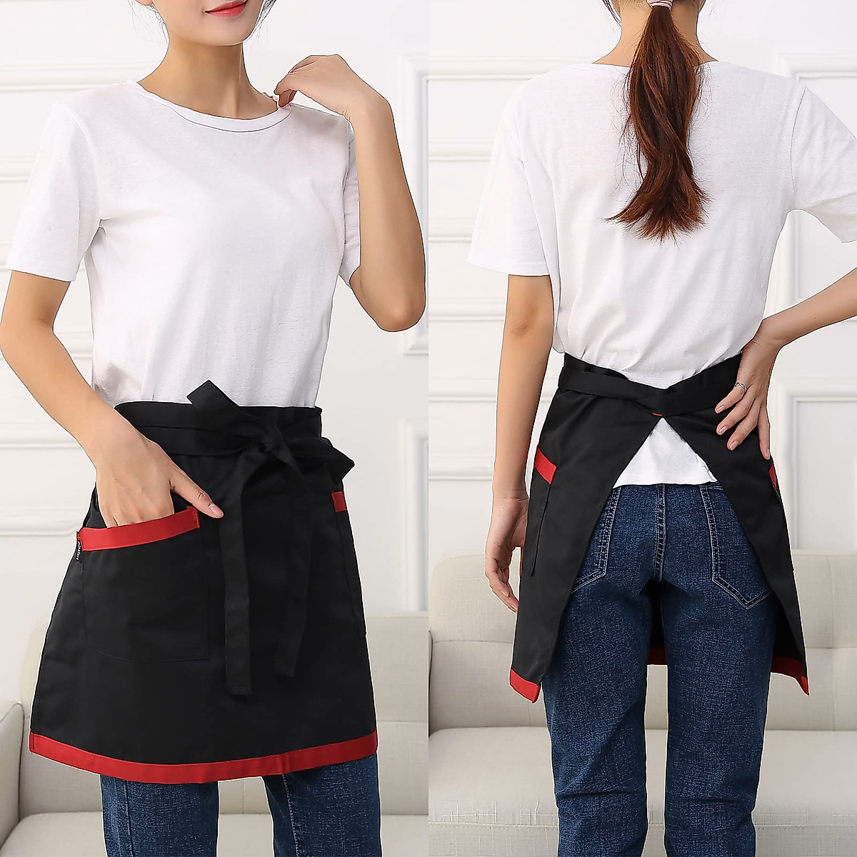 eywlwaar Waist Apron with 2 Pockets Unisex Half Short Apron for Waitress Server Waiter (Black-3Packs)