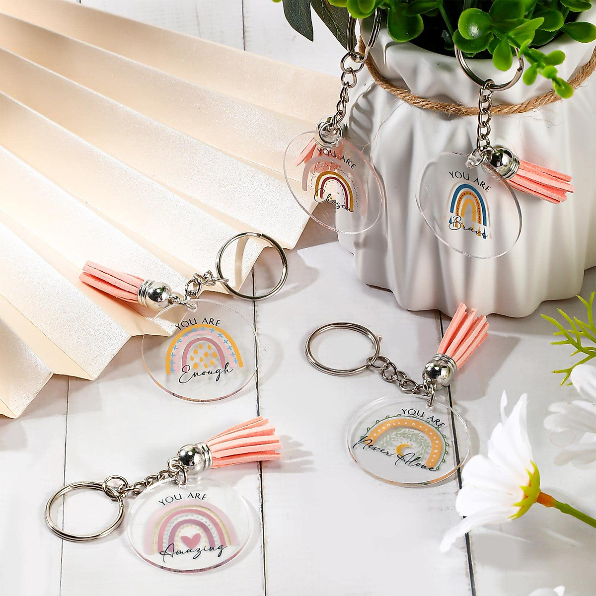 Unittype Boho Rainbow Key Chain Inspirational Keychain Thank You Gifts for Coworkers Appreciation Acrylic Tassels Keychain (100 Pcs)