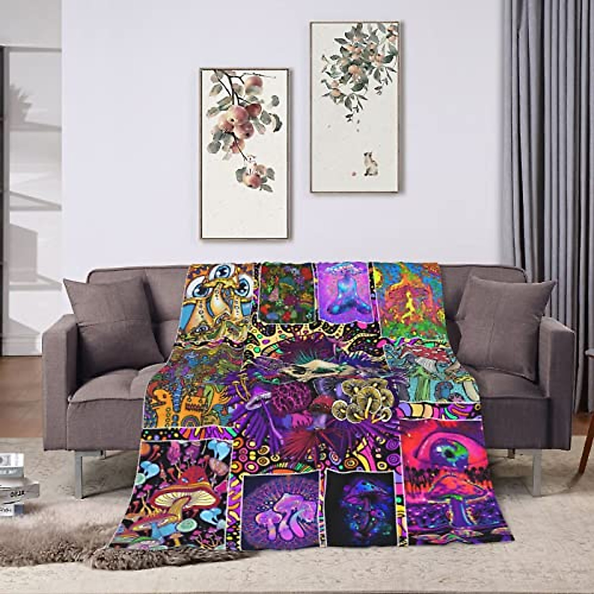 Mushroom Blanket Colorful Ultra-Soft Fuzzy Lightweight Flannel Skull Throw Blankets for Couch Bed Sofa All Season Warm Cozy Camping Picnic Suit for Kids Adults 80''x60''