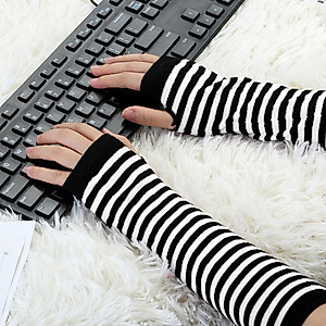 Allegra K Women's Fingerless Gloves Printed Elbow Length Knitted Arm Warmers One Size Black-White