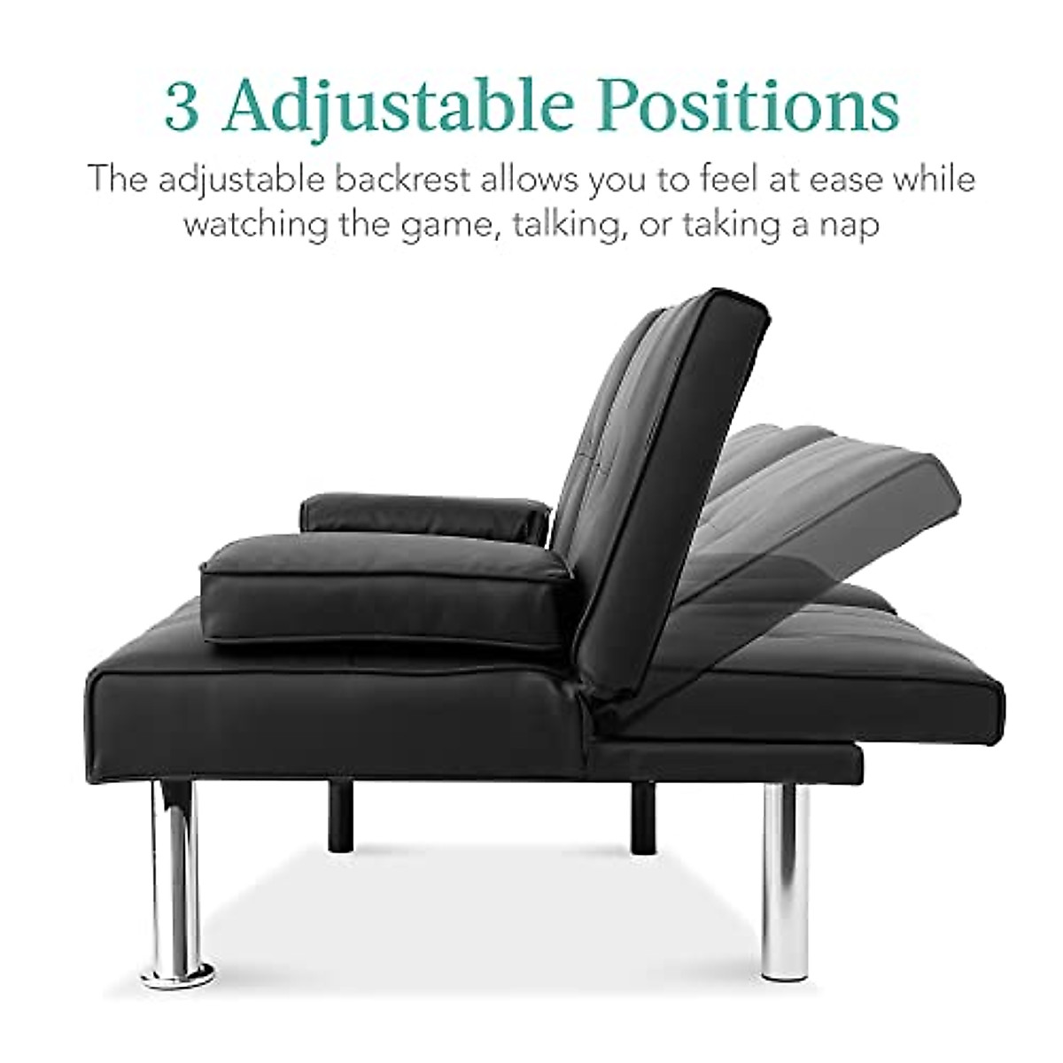 Best Choice Products Faux Leather Upholstered Modern Convertible Folding Futon Sofa Bed for Compact Living Space, Apartment, Dorm, Bonus Room w/Removable Armrests, Metal Legs, 2 Cupholders - Black