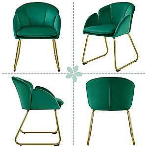 Yaheetech Velvet Dining Chair, Flower Shaped Armchair with Golden Legs, Upholstered Side Chair for Kitchen Dining Room Living Room, Set of 2, Green