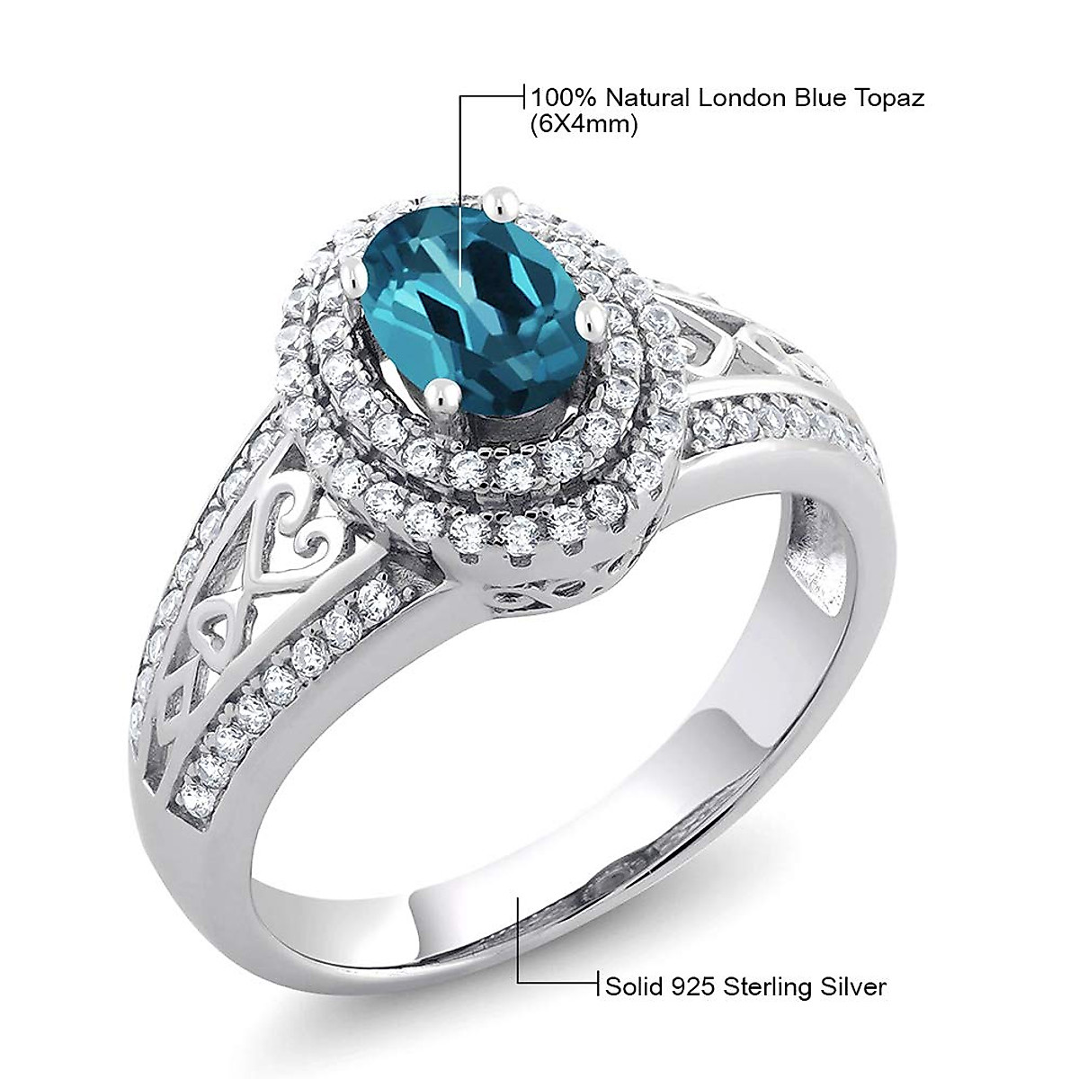 Gem Stone King 925 Sterling Silver London Blue Topaz Engagement Ring For Women (1.36 Cttw, Oval 6X4MM, Gemstone Birthstone, Available In Size 5, 6, 7, 8, 9)