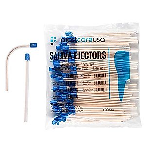 100 Dental Saliva Ejectors Disposable - Medical Grade Latex Free Evacuation Suction Tips - Flexible Clear Tube with Blue Tip (100 Pack) by PlastCare USA