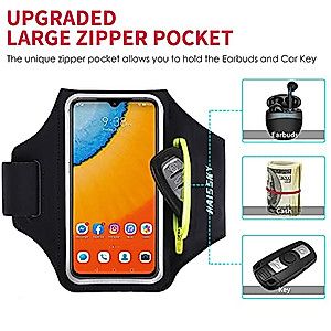 Running Armband with Airpods Bag Cell Phone Armband for iPhone 14 13 Pro 14 Plus 12 11 XR XS, Galaxy S20/S10 Water Resistant Sports Phone Holder Case & Zipper Slot Car Key Holder for 6.5 inch Phone