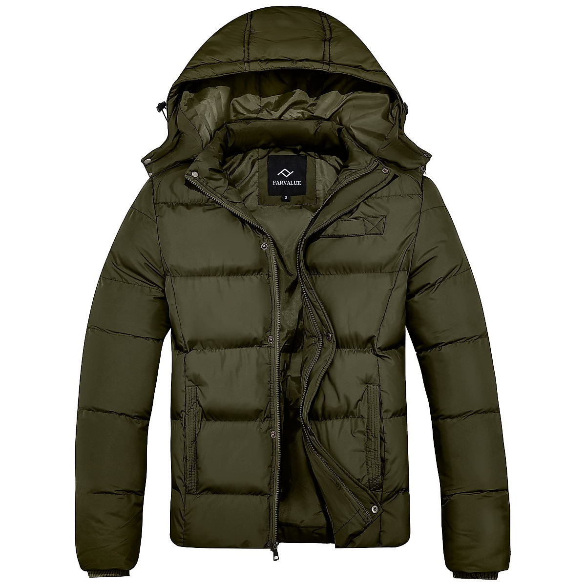 FARVALUE Mens Winter Coats Warm Puffer Jacket Thicken Winter Parka Padded Outwear with Hood Army Green Medium