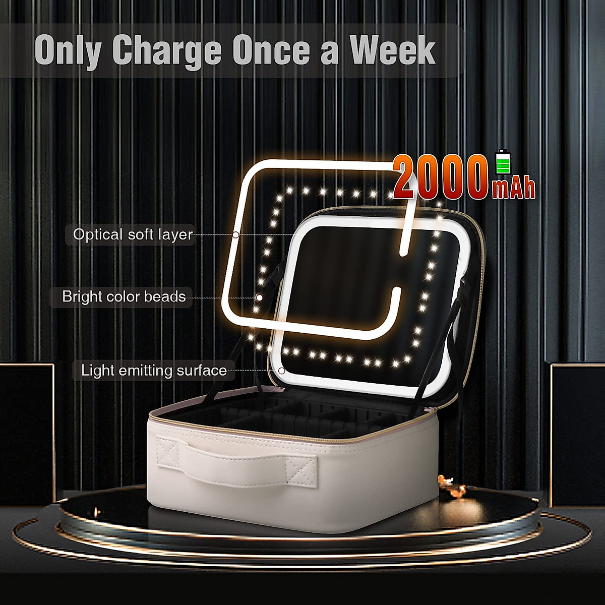 AZ GOGO Travel Makeup Bag with Light up Mirror, Makeup Train Case with Lighted Mirror 3 Color Brightness, Waterproof Portable Cosmetic Bag Organizer (Creamy White)